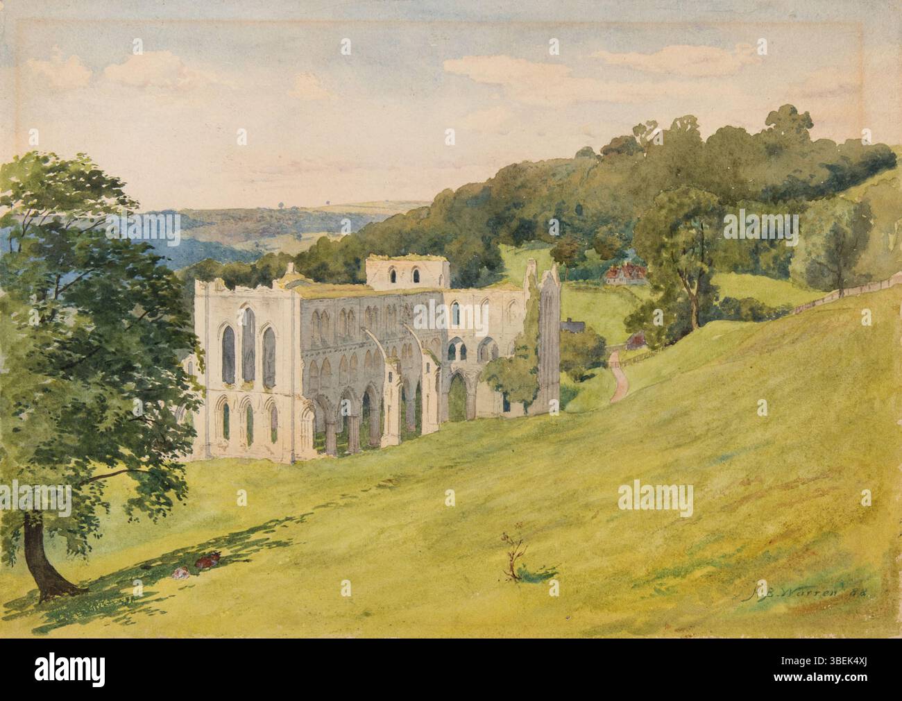 This watercolor by Harold Broadfield Warren (1859–1934) depicts Rievaulx Abbey in Yorkshire ...