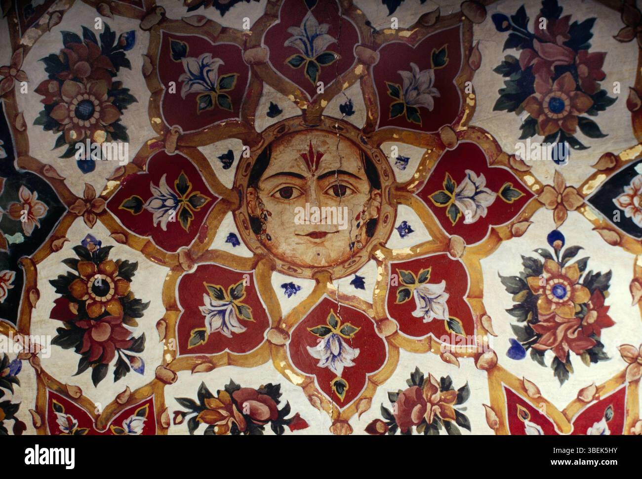 A ceiling fresco at Gurdwara Baba Atal features Surya Dev iconography, painted by Naqqash ...