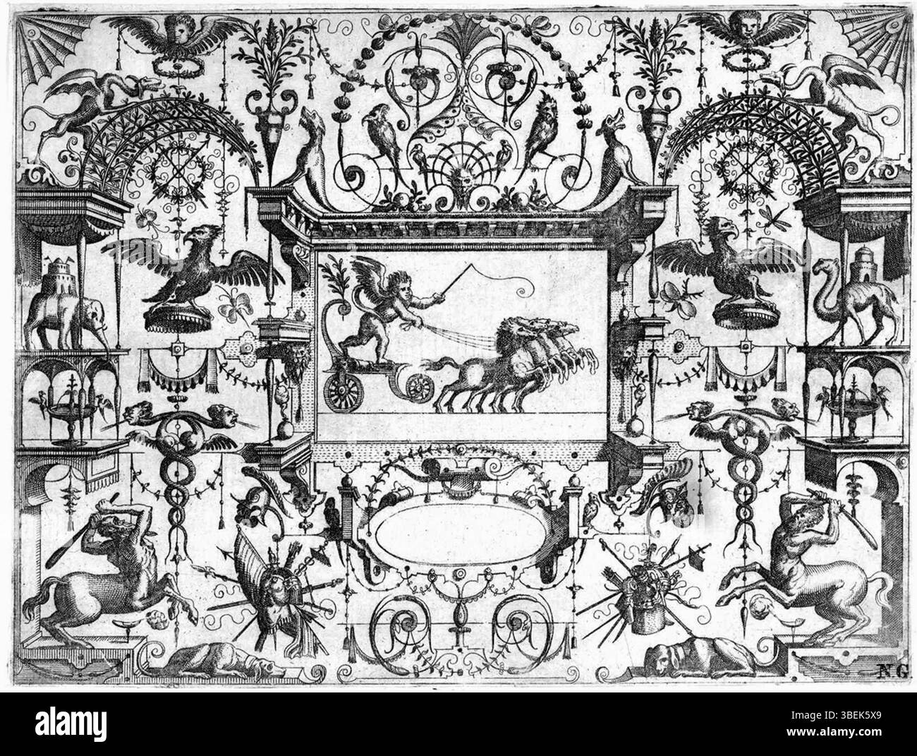 The artwork depicts Amor, the god of love, riding a carriage pulled by ...
