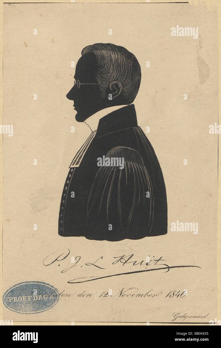 A silhouette portrait of P.J.L. Huët, facing left, with imitated ...