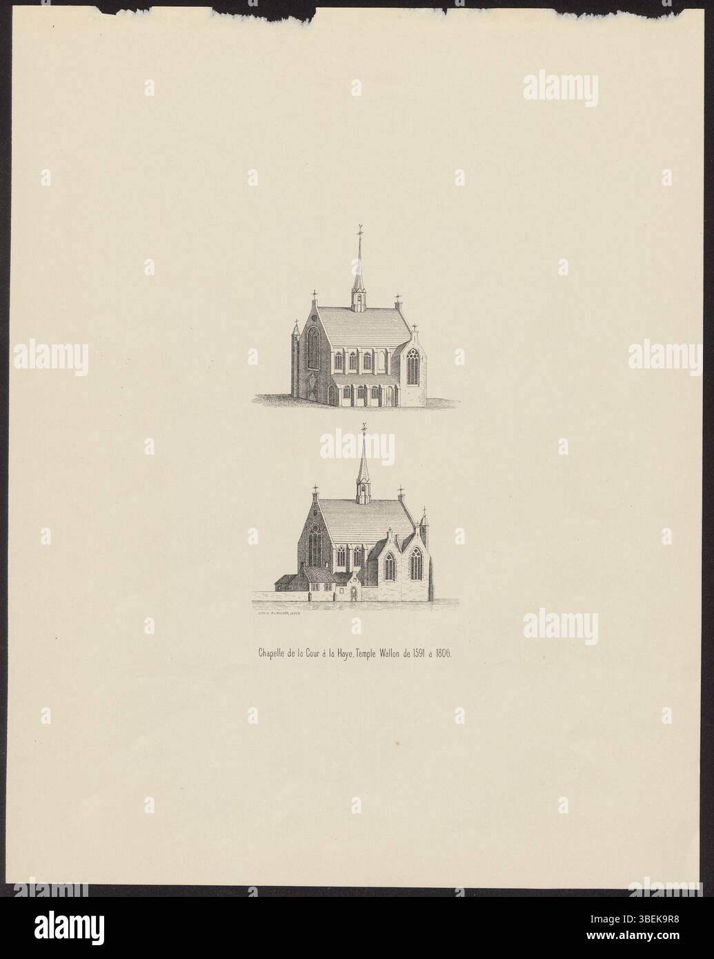 This lithograph shows two views of the Hof chapel and Walloon Church at ...