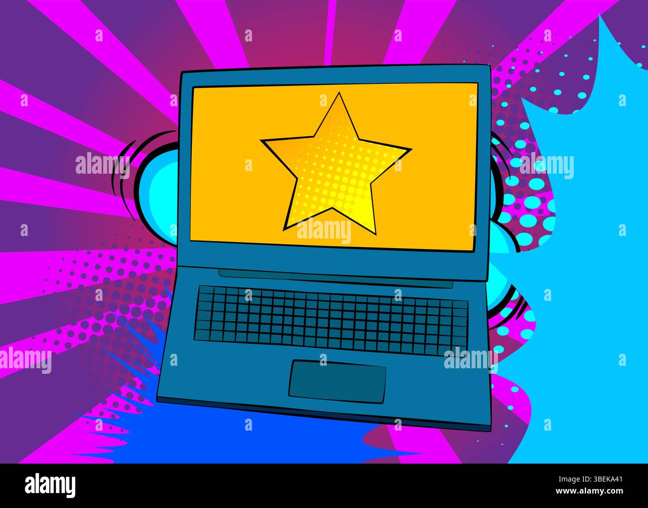 Cartoon Laptop, comic book Notebook with Star. Retro vector comics pop ...
