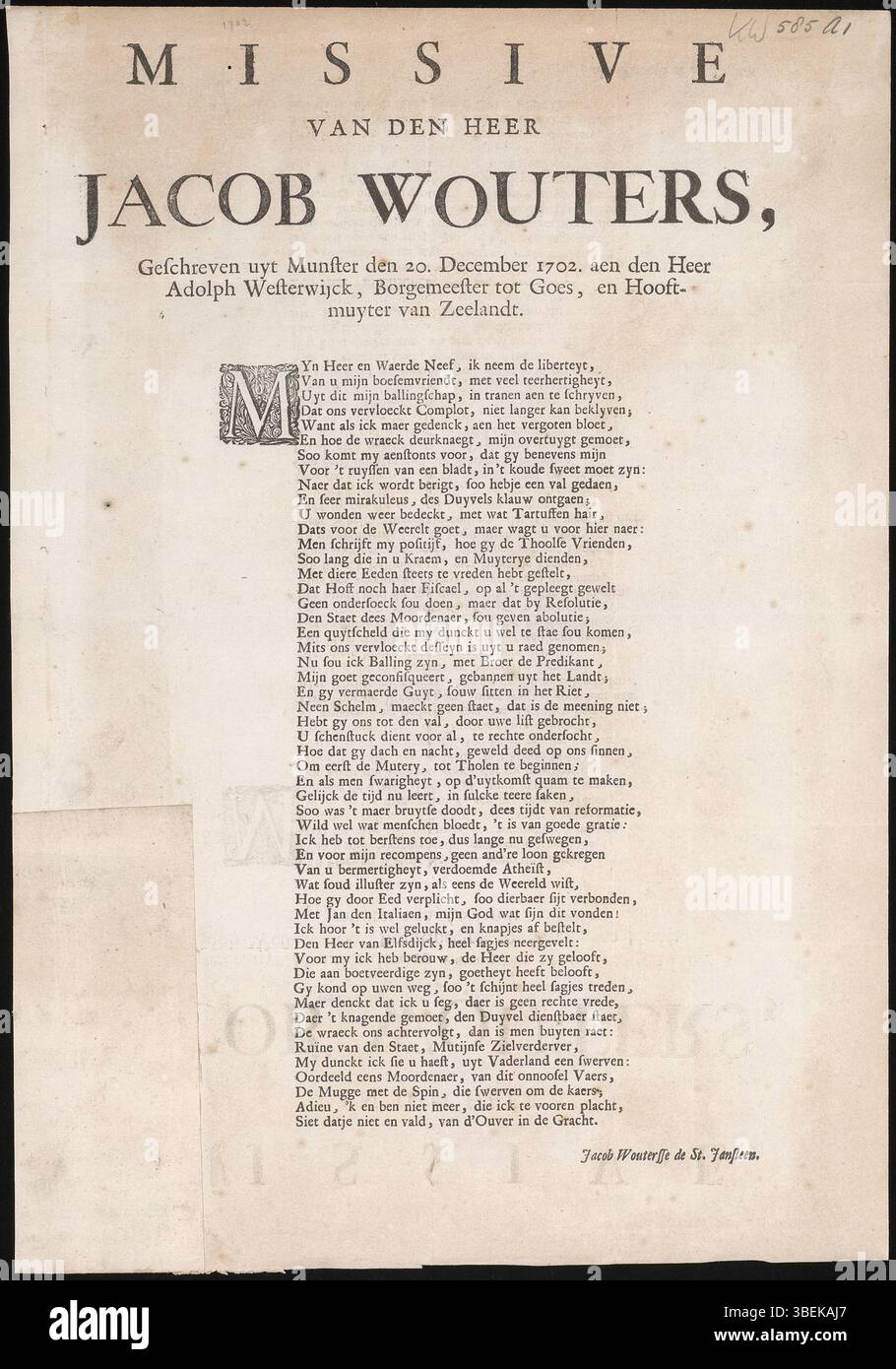 This letter, dated December 20, 1702, was written by Jacob Wouters from Munster to Adolph ...