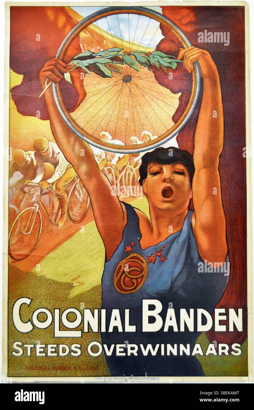 This lithograph by O. De Rycker advertises Colonial bicycle tires ...