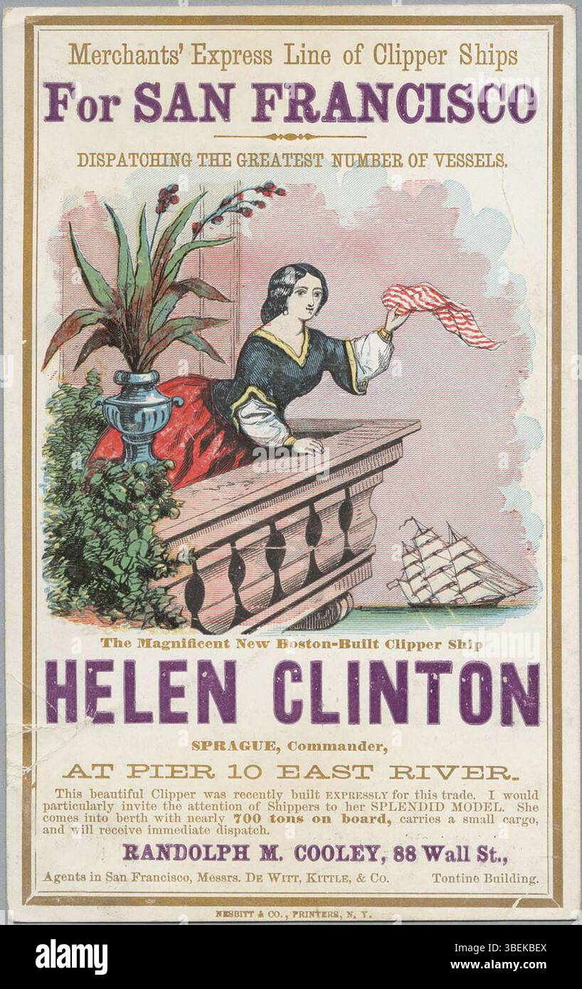 A 19th-century sailing card for the clipper ship Helen Clinton, printed ...