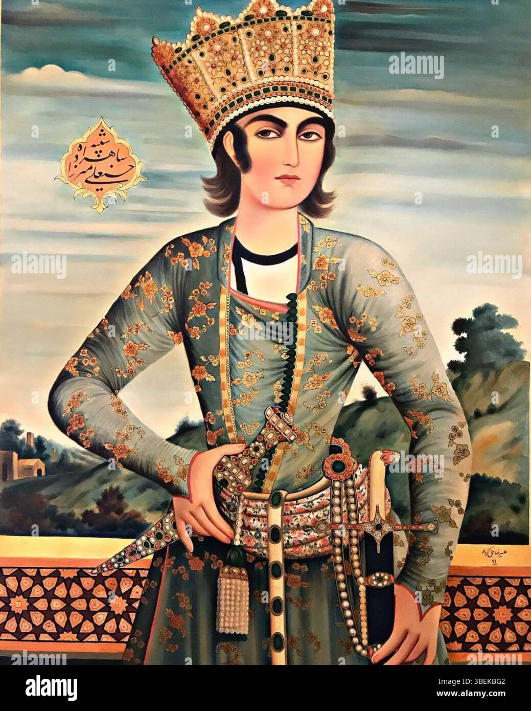 This late 18th to early 19th-century painting depicts Hossein Ali Mirza ...