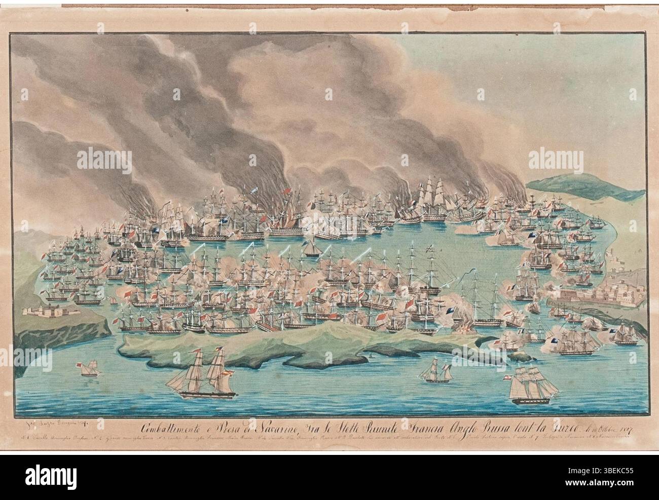 Watercolour by Giovanni Luzzo dated 1847, illustrating the naval Battle ...