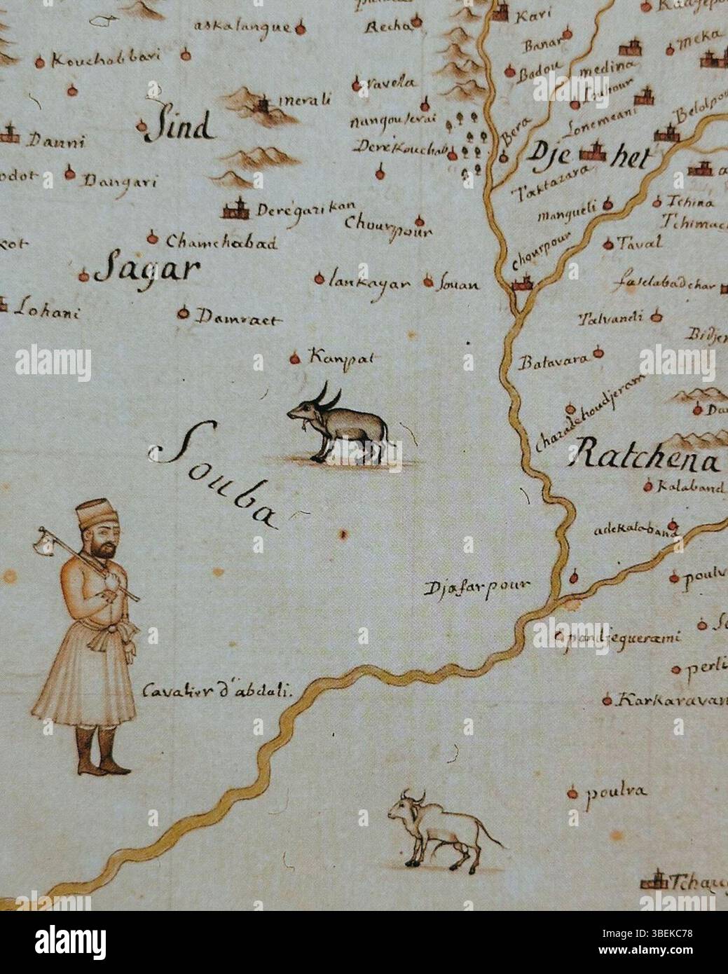 Detail of a Durrani Afghan horseman, depicted in a 1770 map of Lahore ...
