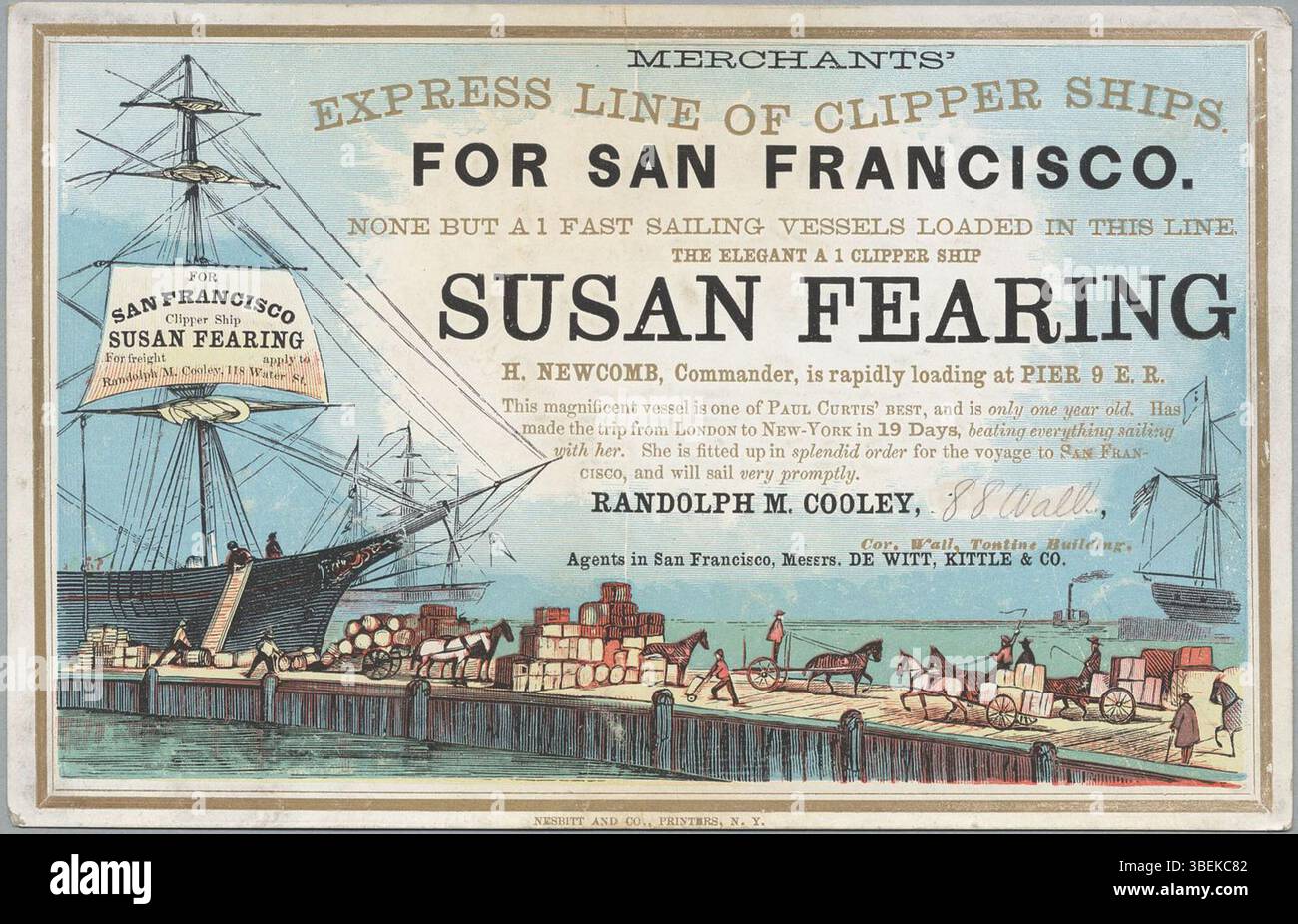 This 19th-century sailing card depicts the *Susan Fearing*, a clipper ...