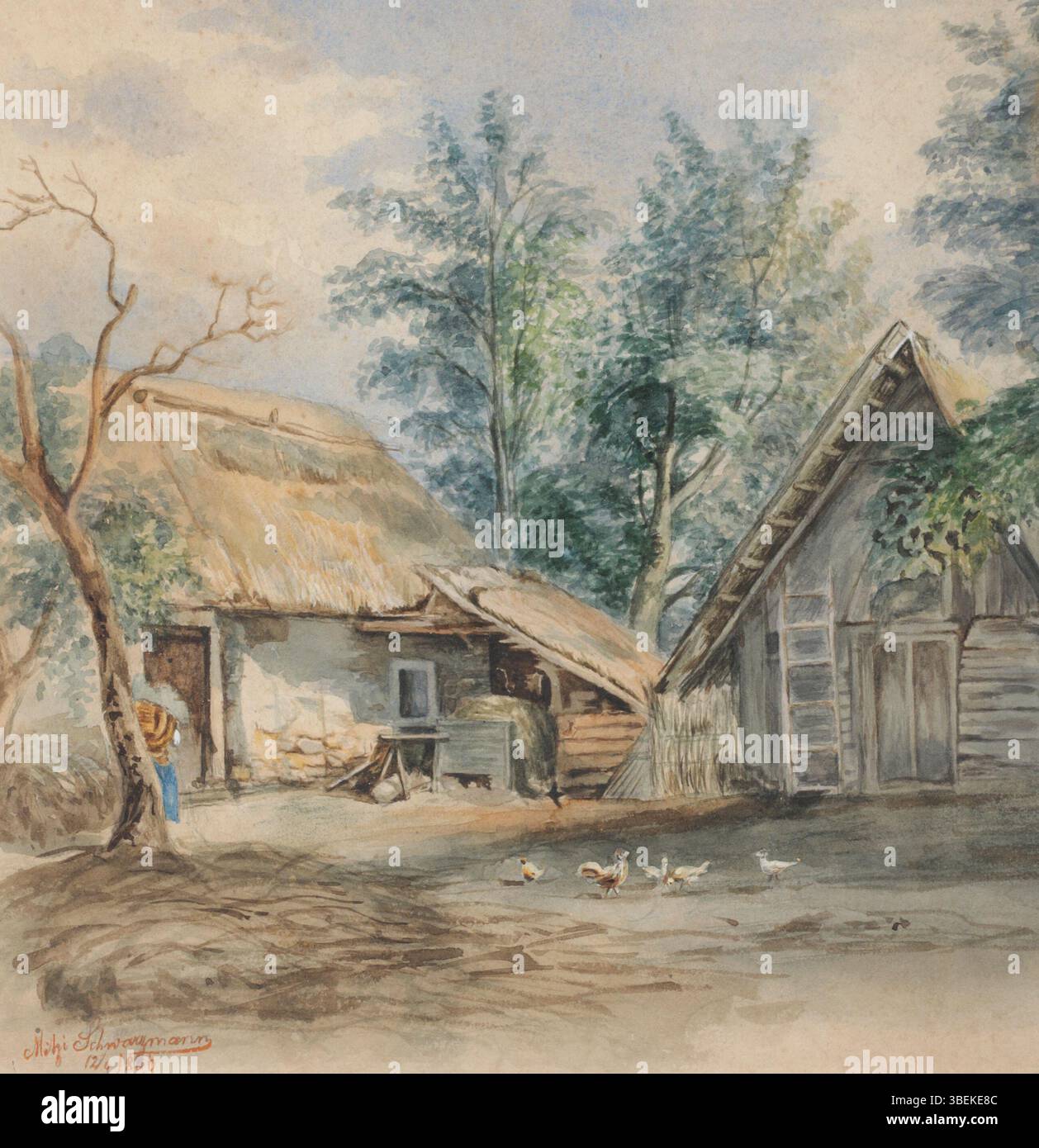 Mitzi Schwarzmann's watercolor painting titled 'Hühnerhof,' created in ...