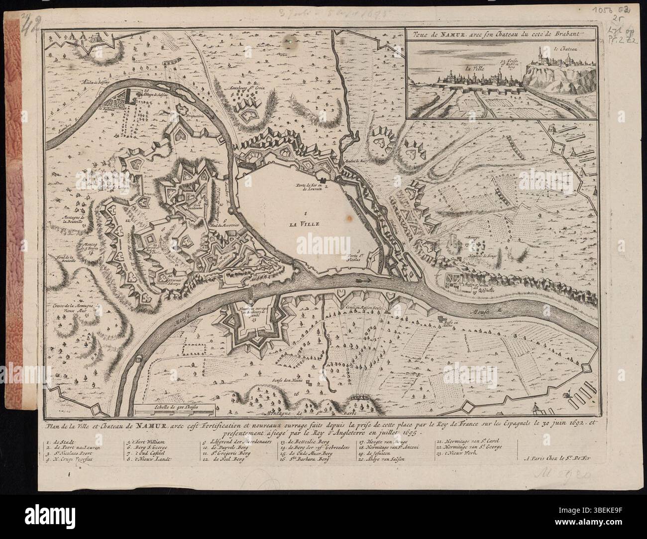 A 1695 map of the city and castle of Namur, showing its siege by the ...