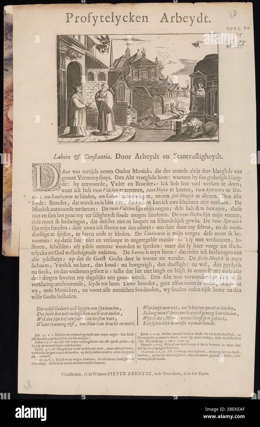 Circa 1690 Dutch emblem print titled 'Profytelycken arbeydt', published ...
