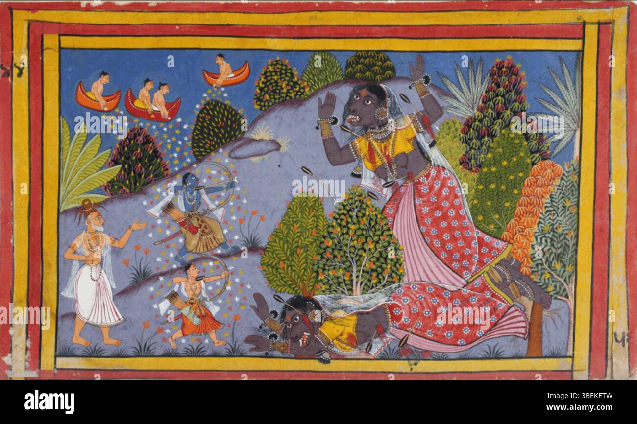 This artwork depicts the scene of Rama and Lakshmana slaying the ...