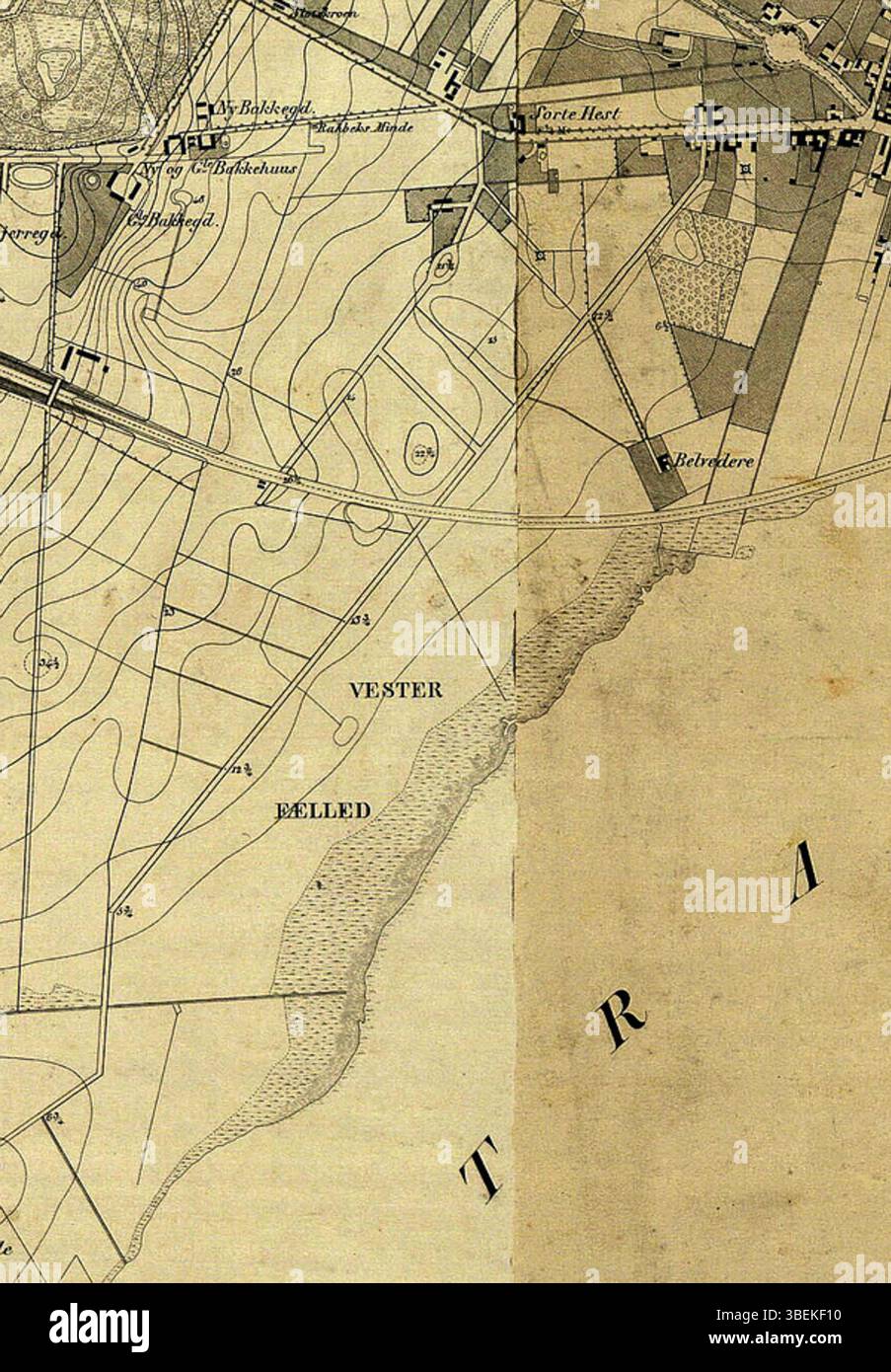 This map detail from 1852 shows the area of Vester Fælled, located outside Copenhagen, Denmark ...