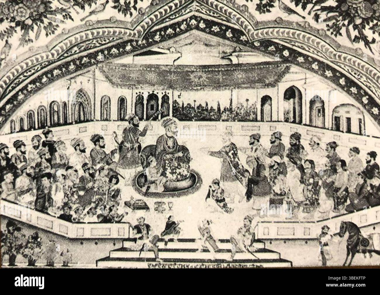 19th-century mural from Gurdwara Baba Atal Rai showing Guru Tegh Bahadar and young Guru Gobind ...