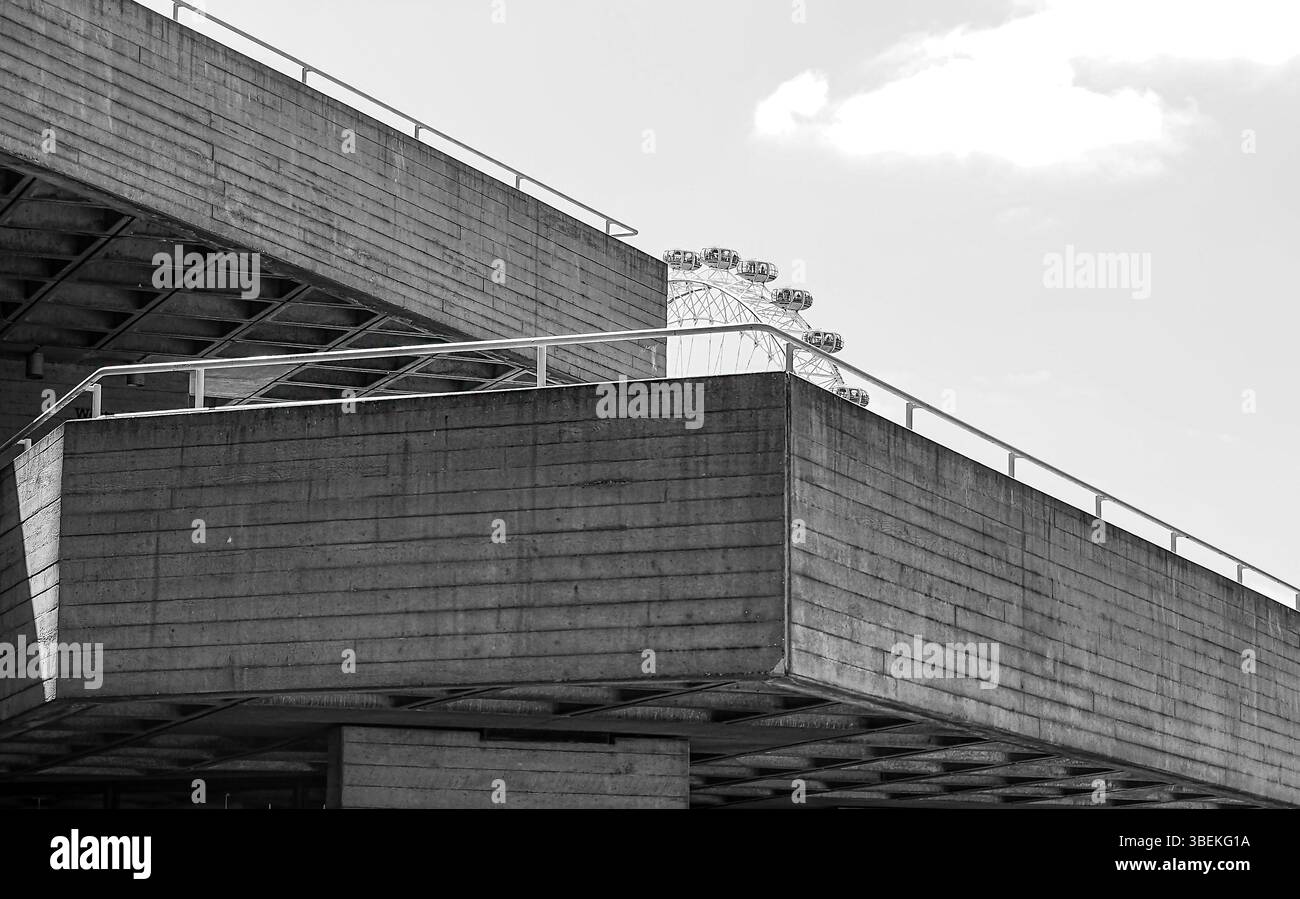 Brutalist architecture of Southbank Centre with London Eye in the ...