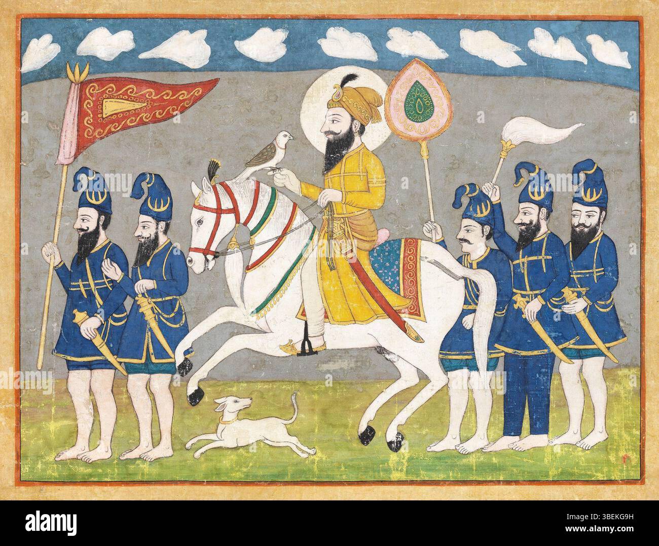19th century artwork showing Guru Gobind Singh on horseback with five Akali warriors walking ...