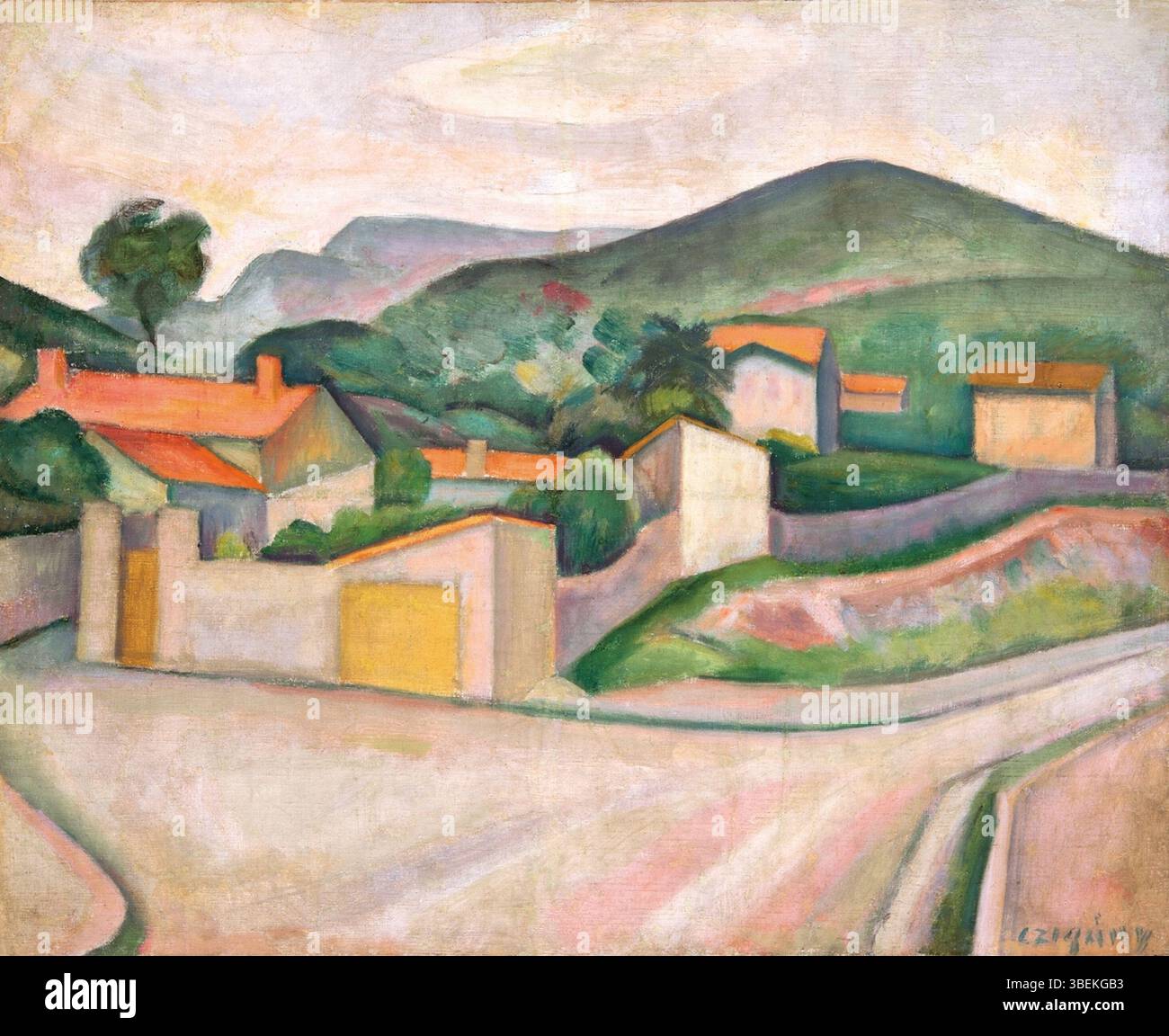 Oil painting titled 'Hilly Landscape with Houses' by Hungarian artist ...