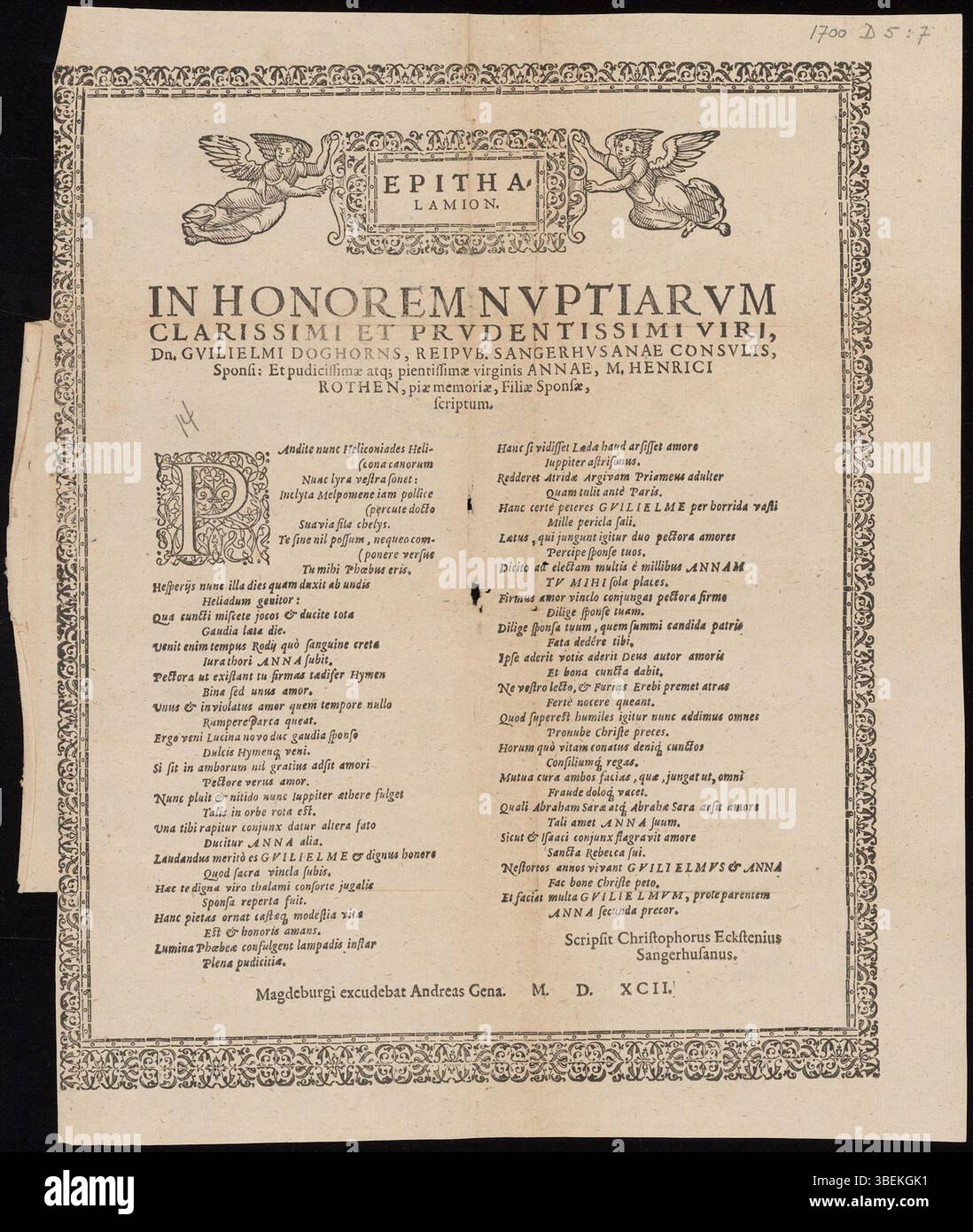 Epithalamion written by Christophorus Eckstenius in 1592, celebrating ...