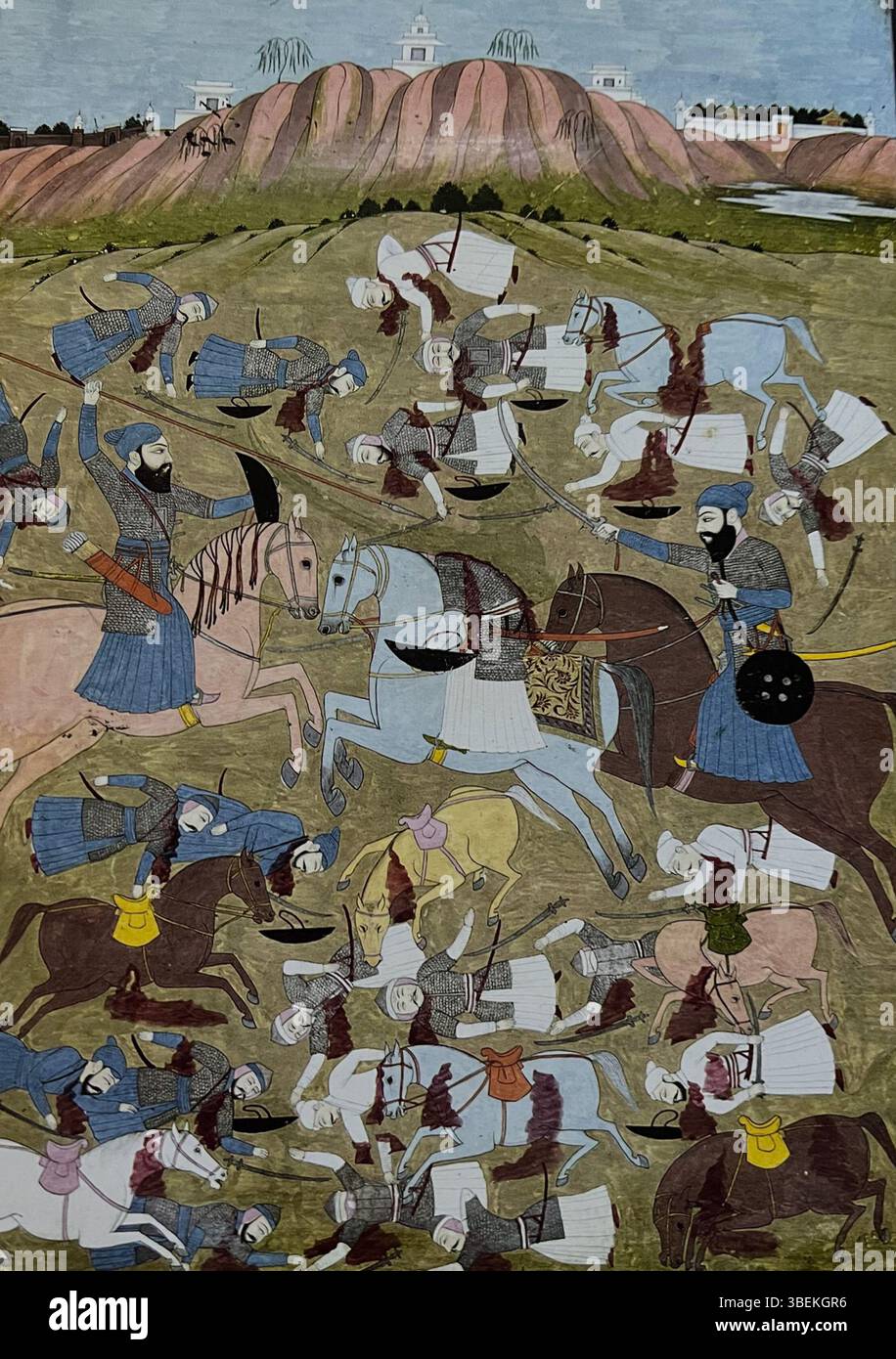 This painting, from a Mughal manuscript, depicts the Battle of Rahon ...