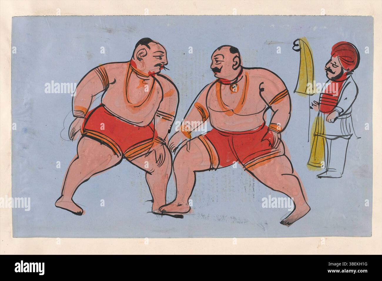 19th-century watercolour drawing depicting two Sikh wrestlers. The ...