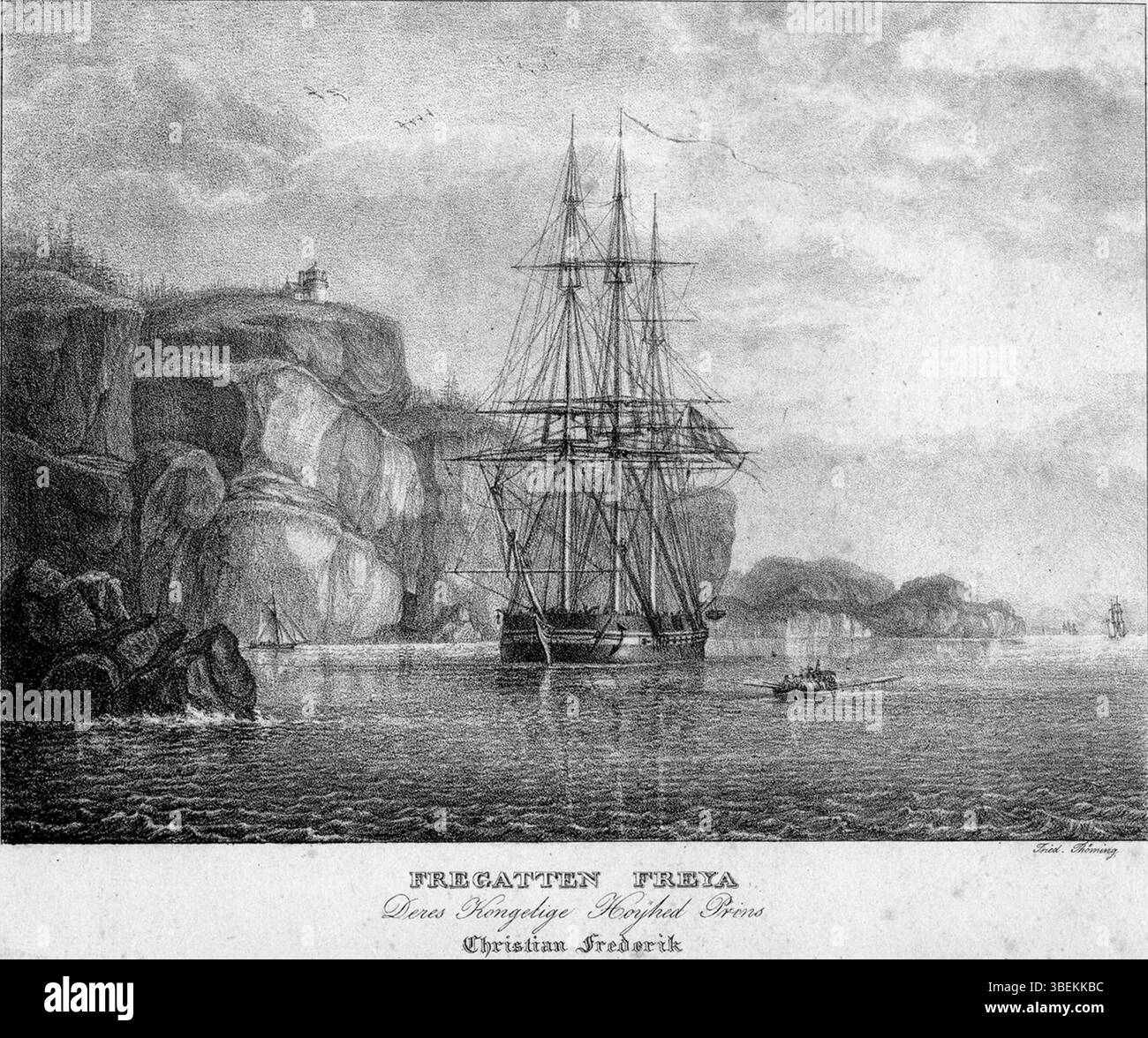 A lithograph of the frigate 'Freya' (1795-1807), depicting the ship ...