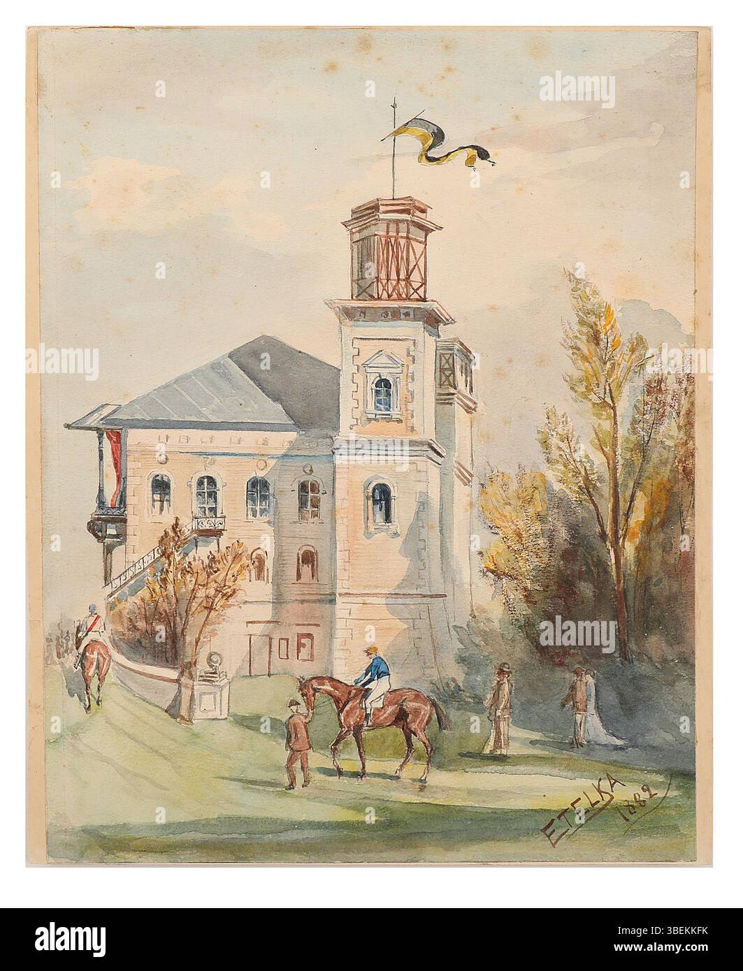 This watercolor painting from 1882, signed 'Etelka', features a castle ...