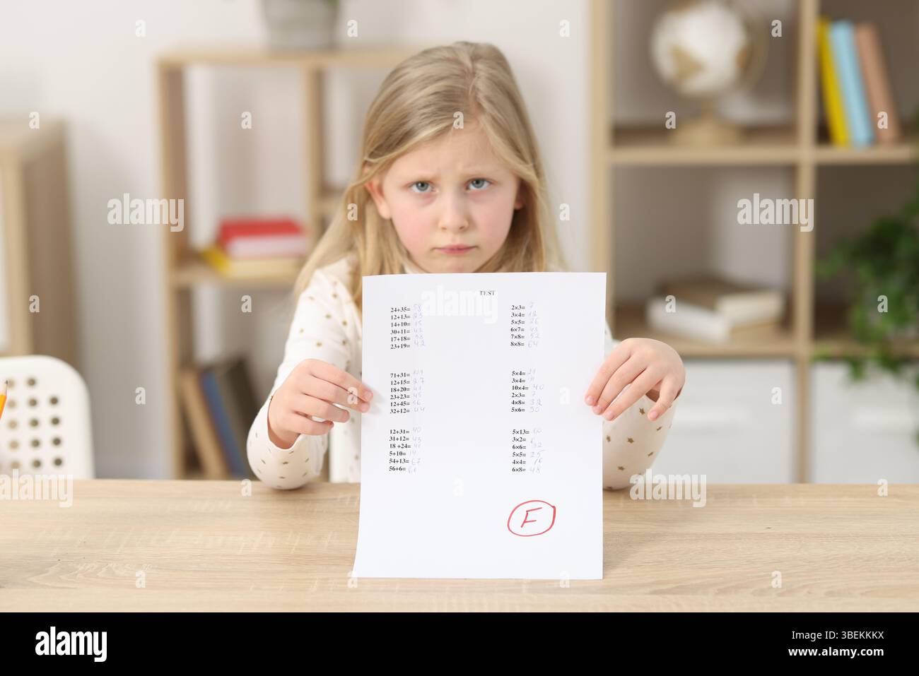 School grade. Sad girl holding answer sheet with letter F at wooden ...