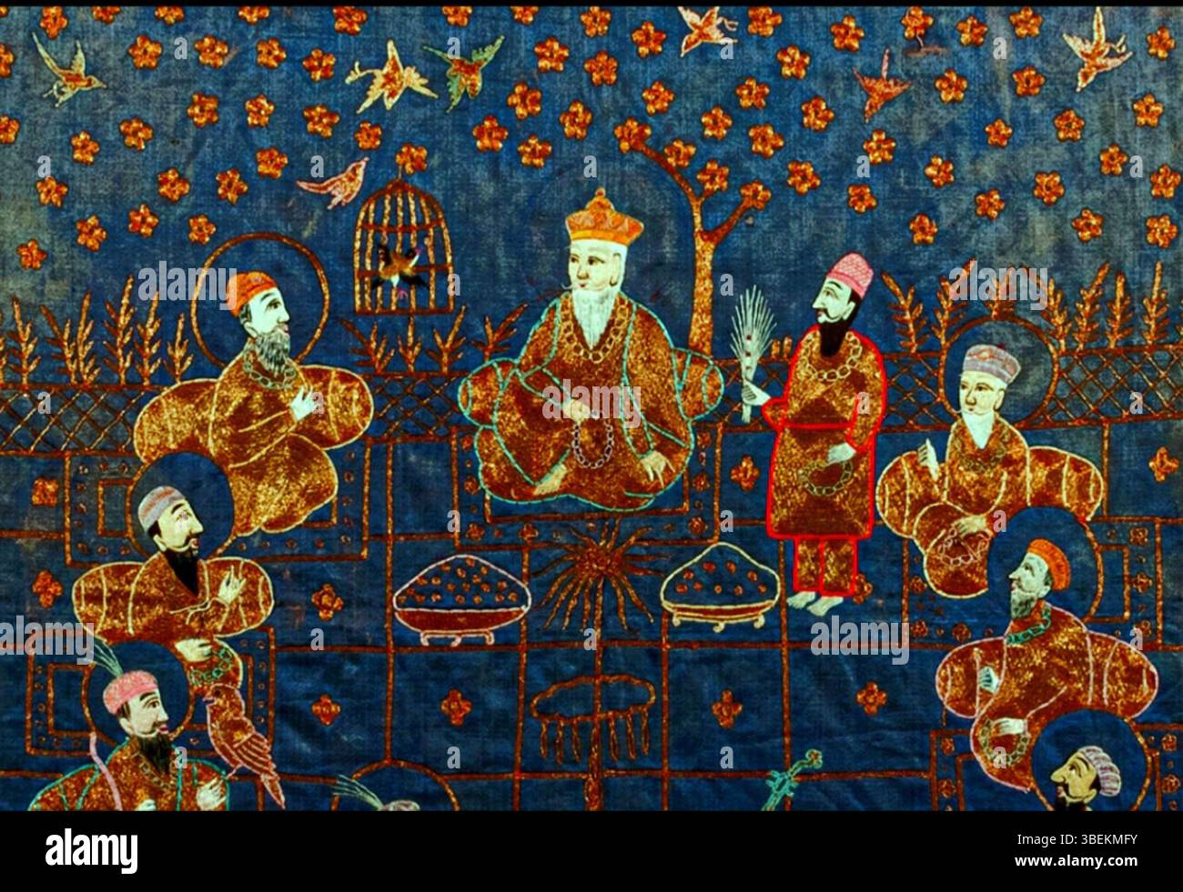 A Phulkari artwork depicting Guru Nanak with his retinue, created in the 19th or early 20th ...