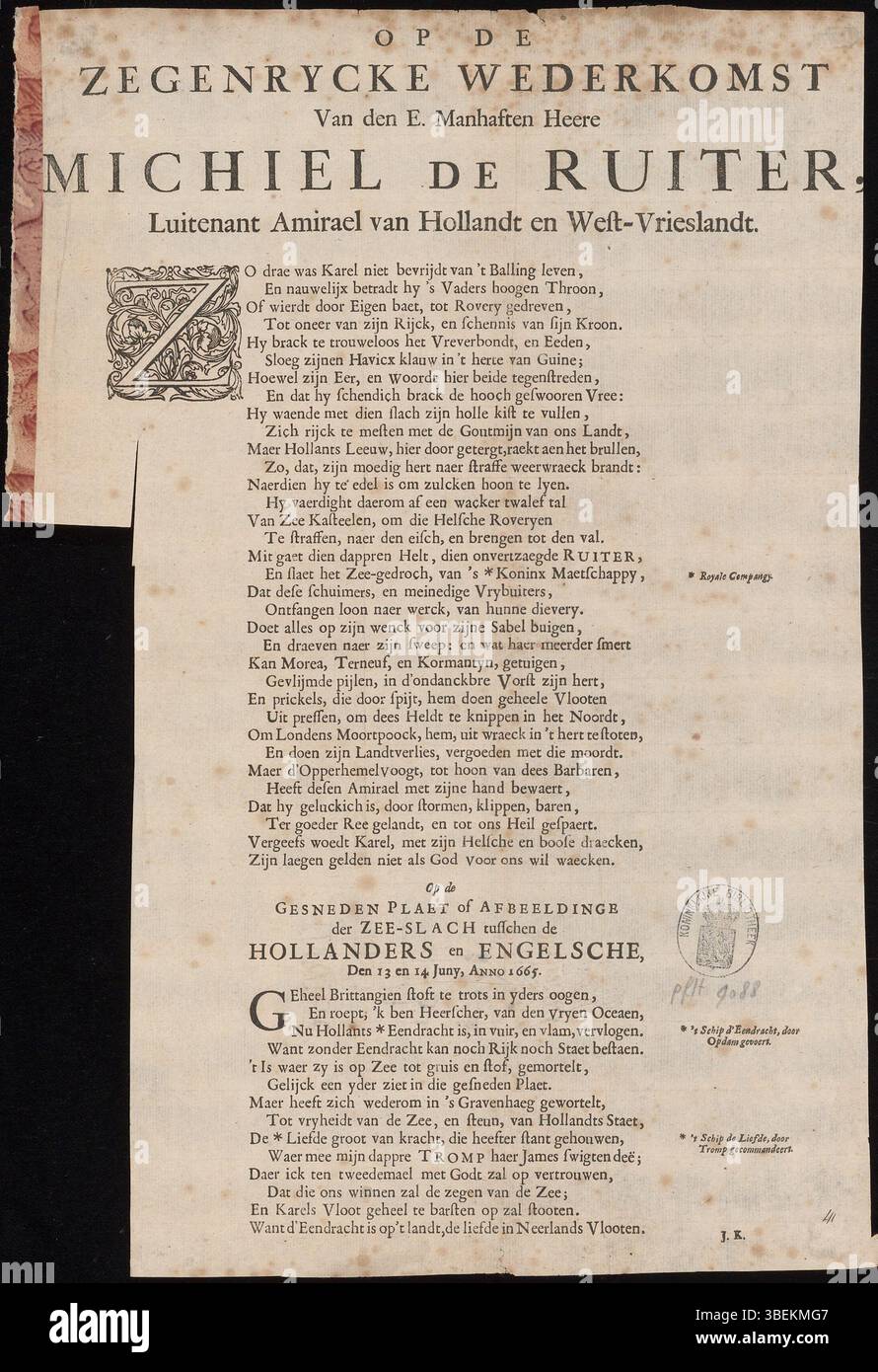 A 1665 Dutch poem celebrating the return of Admiral Michiel de Ruiter ...