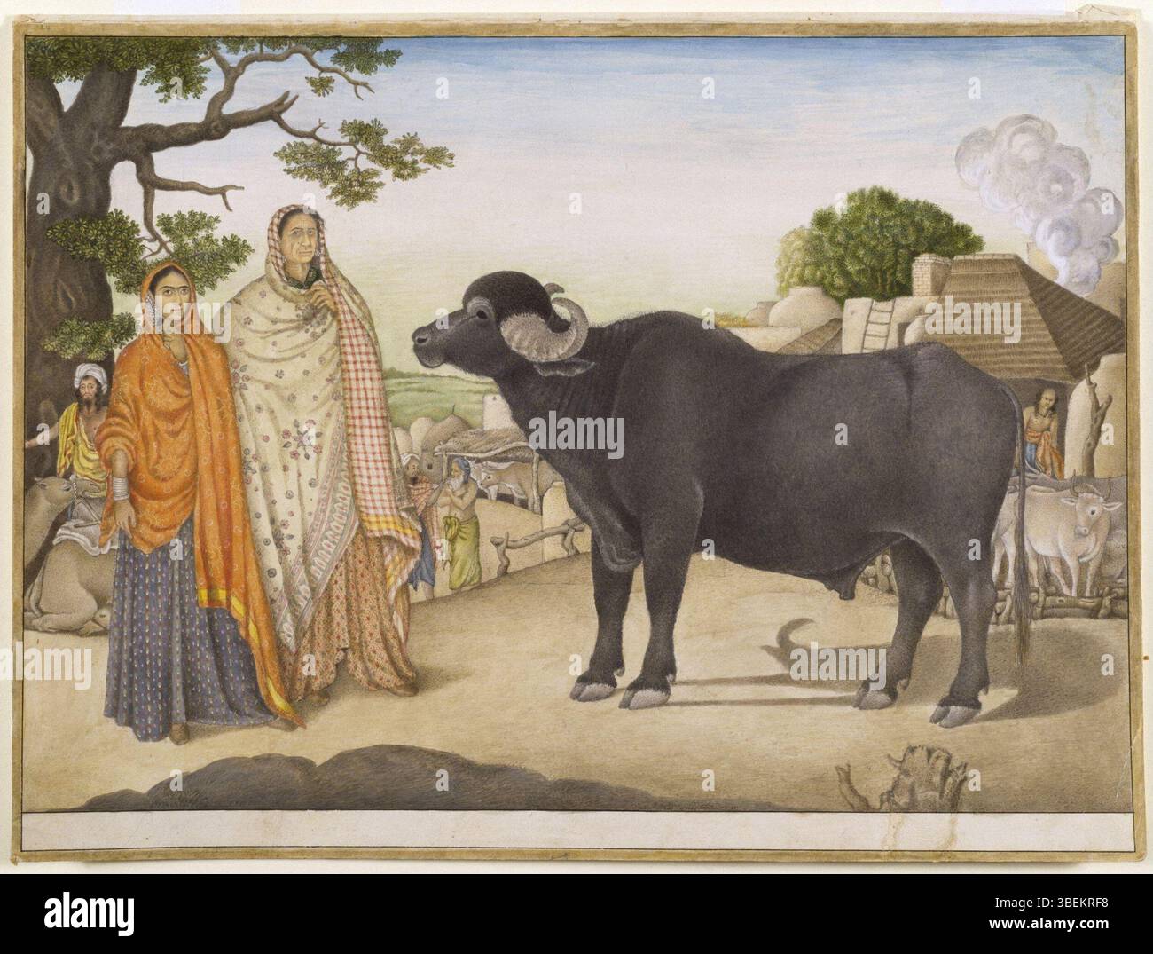 This 1816 watercolor painting shows a village scene in Rania, Haryana ...