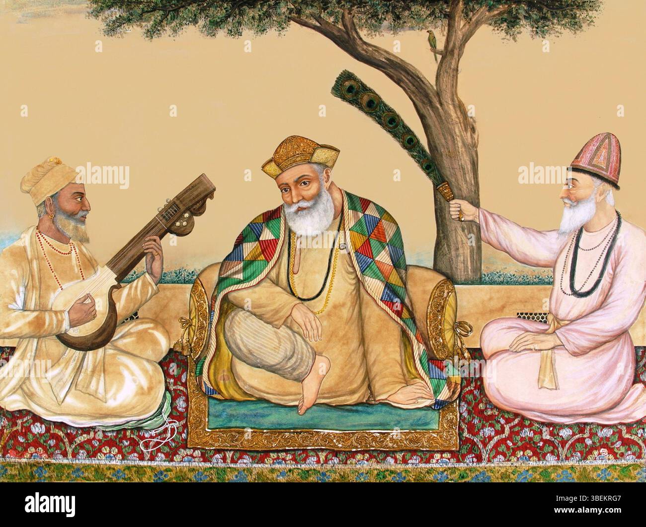 Watercolor painting by W. Kapur Singh from the early 20th century depicting Guru Nanak with Bhai ...