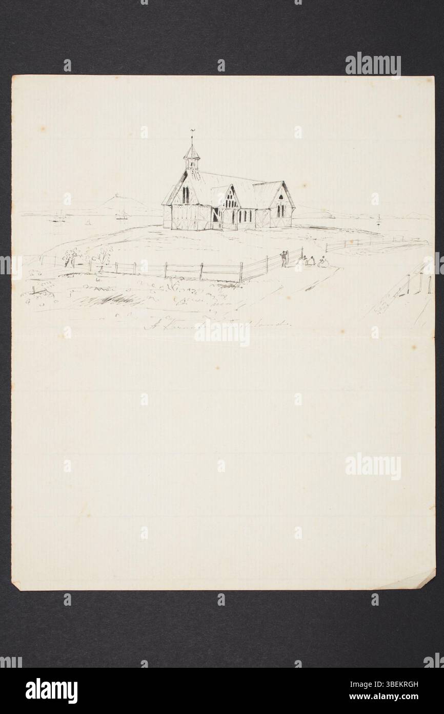 Pen and ink drawing titled *St Barnabas, Auckland* by John Kinder ...