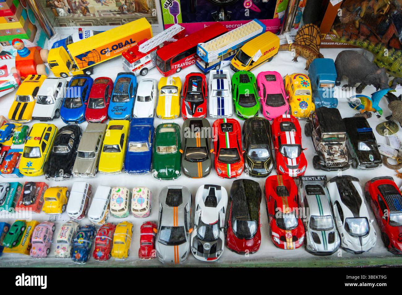 Toy model cars on display in toy shop window, city of Guimaraes ...