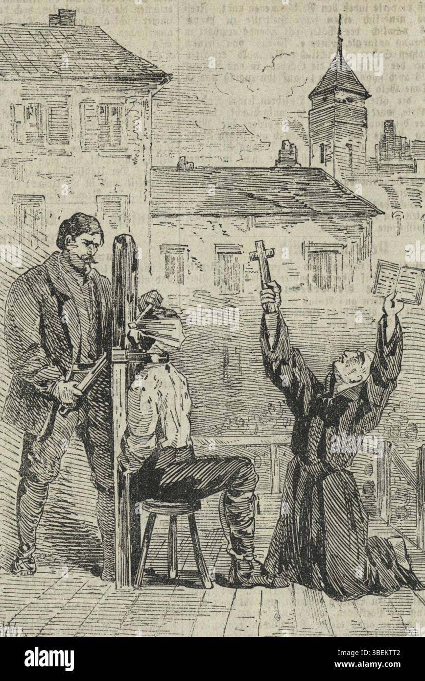 This image, titled 'Hinrichtung durch die Garotte,' depicts an ...