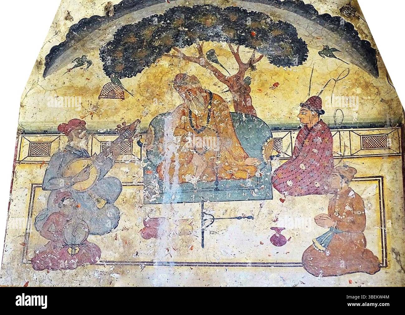 This fresco shows Guru Nanak, Bhai Mardana, Bhai Bala, Baba Sri Chand, and Baba Lakhmi Das ...