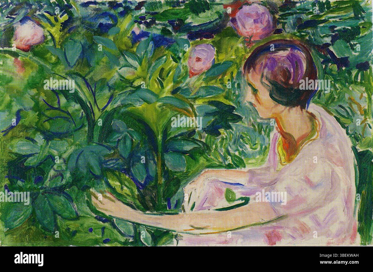 'Woman with Peonies' by Edvard Munch, painted in 1926, depicts a woman ...