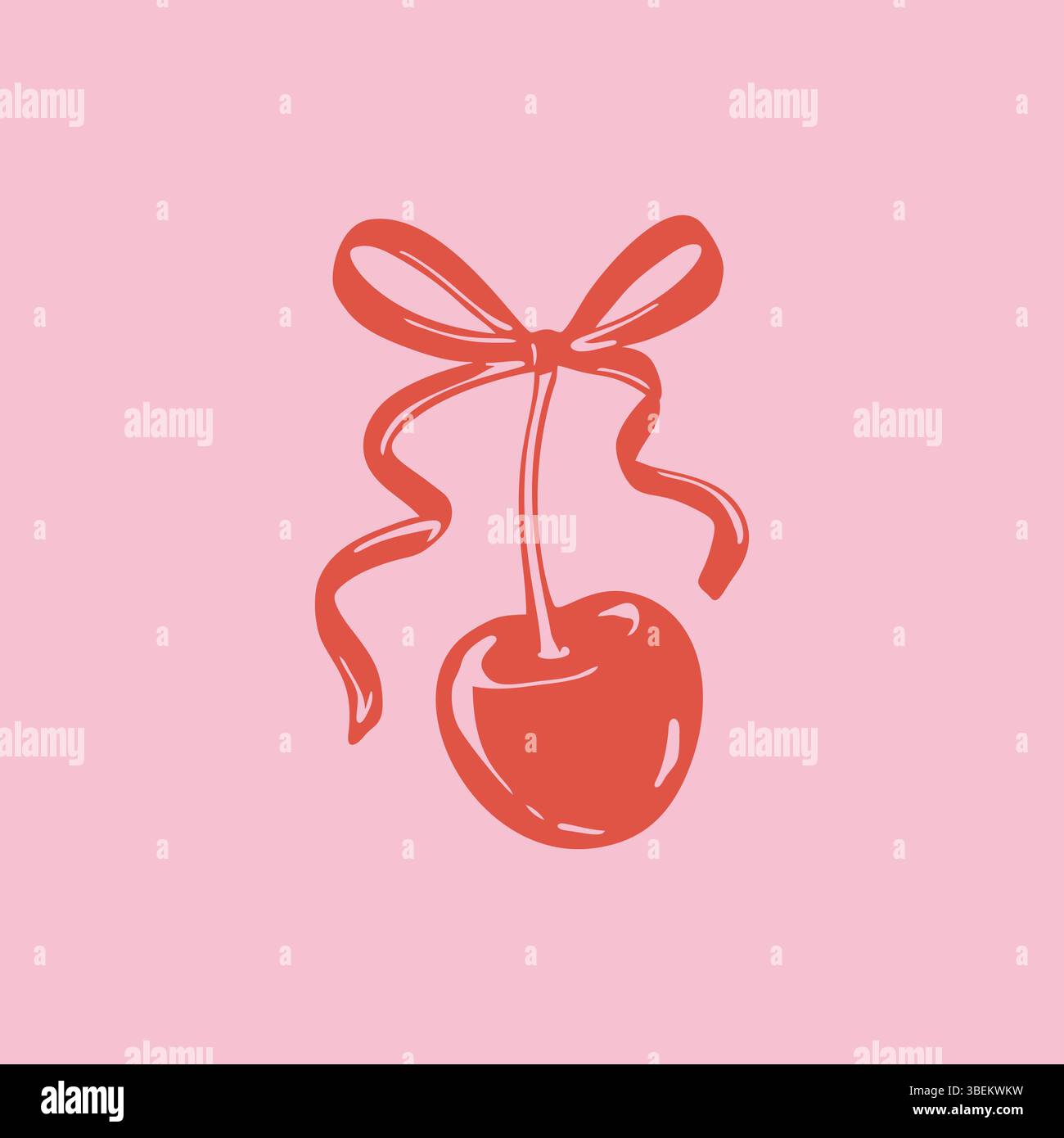 Hand drawn linocut cherry with cute ribbon bow. Coquette doodle drawing ...
