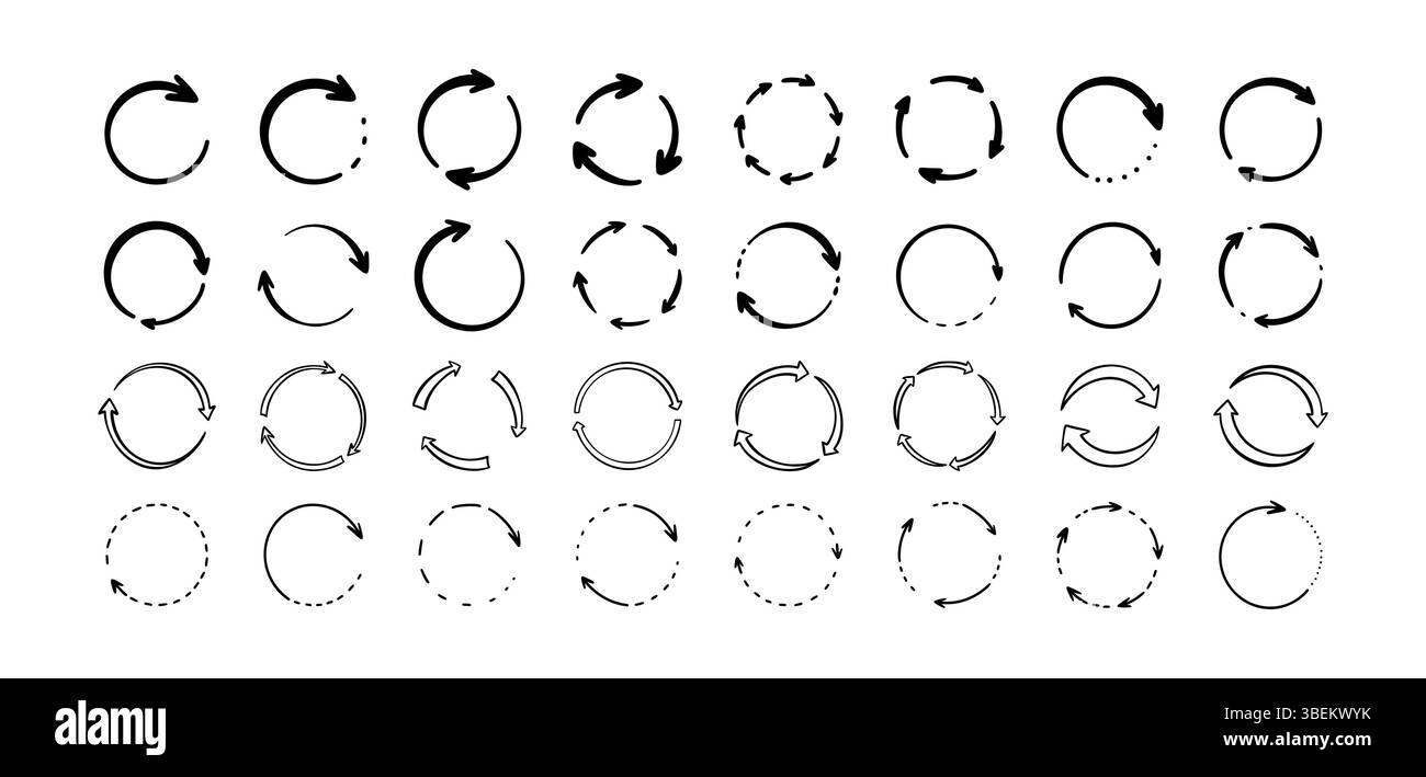Hand drawn doodle arrow circle icon set. Round recycle symbol drawing. Process, loading, reset ...