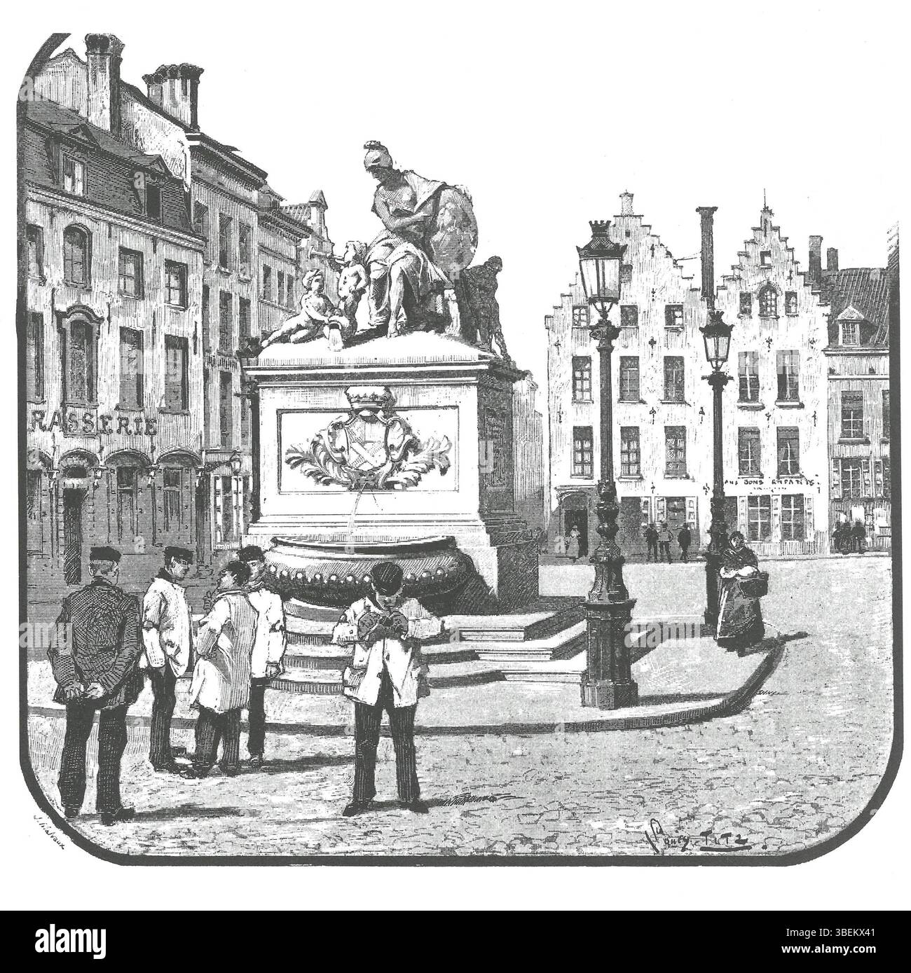 This image shows the Minerva Fountain on the Grand Sablon Square in ...