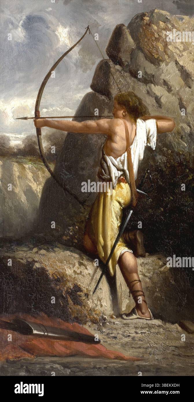 A 19th-century oil on wood painting depicting an Amazonian figure with ...