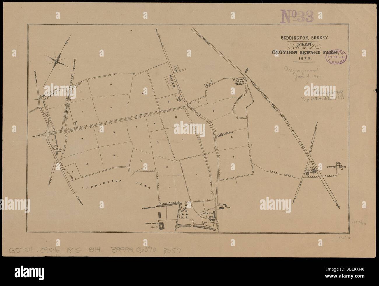 A 1875 plan of the Croydon sewage farm in Beddington, Surrey, detailing ...