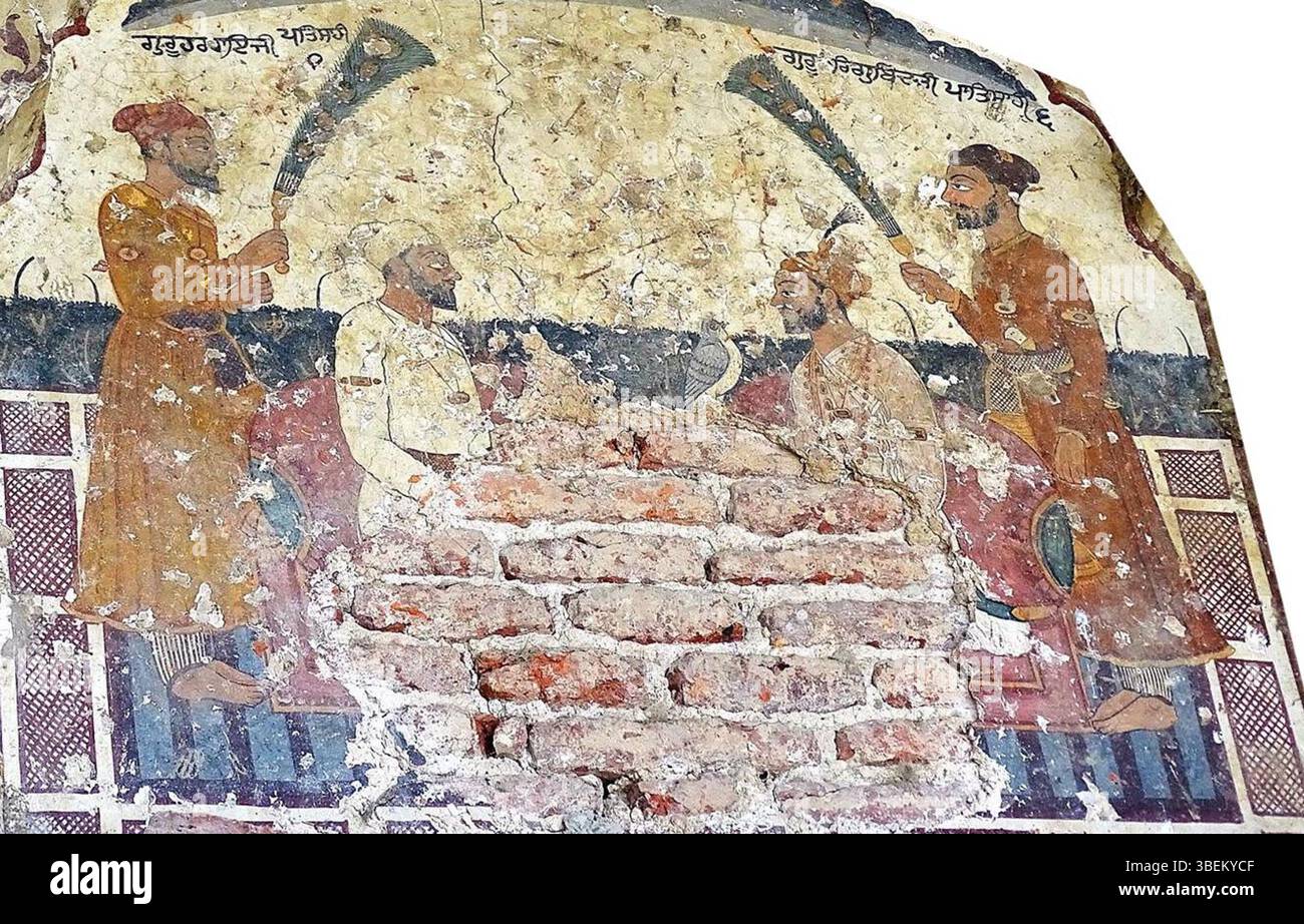 This fresco depicts Guru Har Rai (left) and Guru Hargobind (right), located in a Sikh samadh in ...