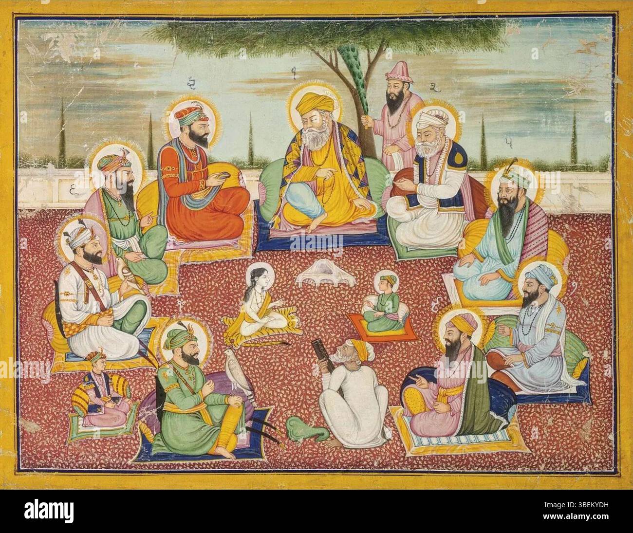 This painting of the Sikh Gurus together, likely from the late 19th ...