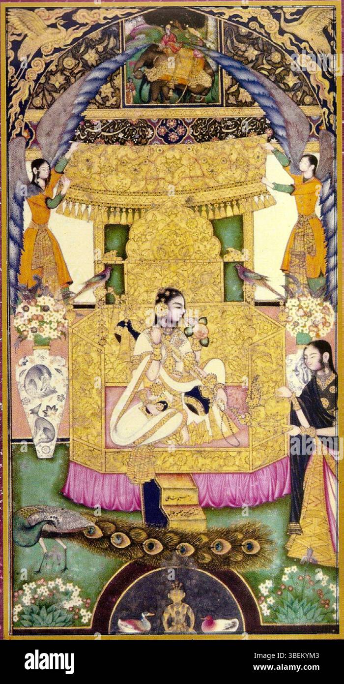 This miniature from Bijapur, circa 1604, depicts Saraswati enthroned, signed by Farrukh Husayn ...