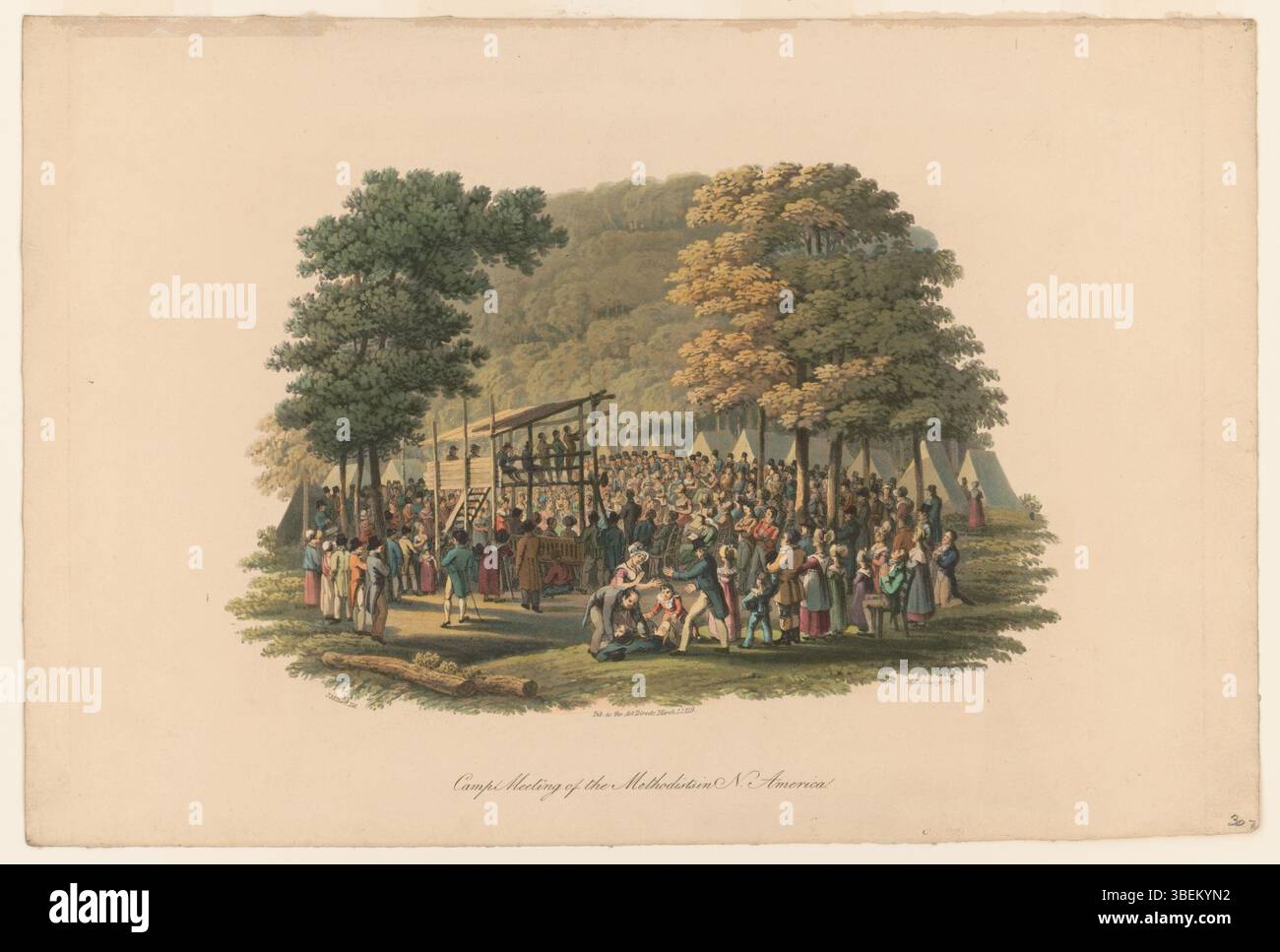 This 1819 aquatint print portrays a Methodist camp meeting in North ...