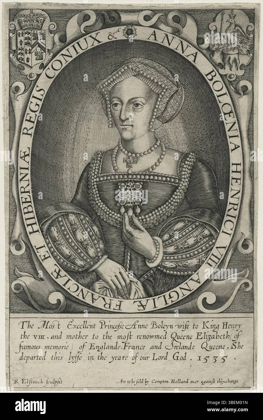 Line engraving of Anne Boleyn by Renold Elstracke, dated 1618 ...