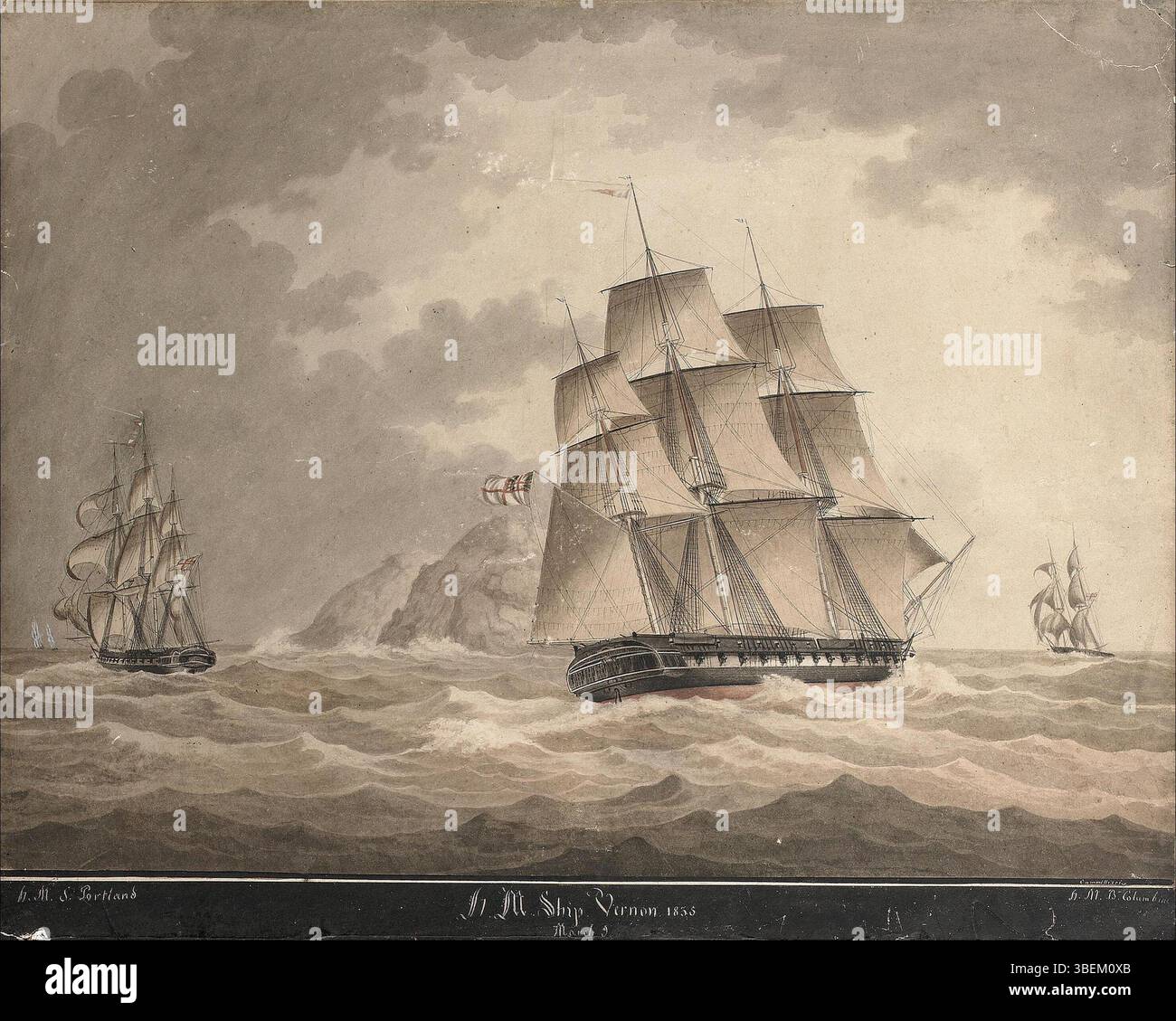 Nicolas Cammillieri’s watercolour shows H.M.S. 'Vernon' at sea, with H ...