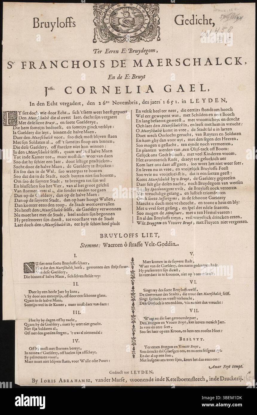 This 1651 poem celebrates the marriage of Franchois de Maerschalck and ...