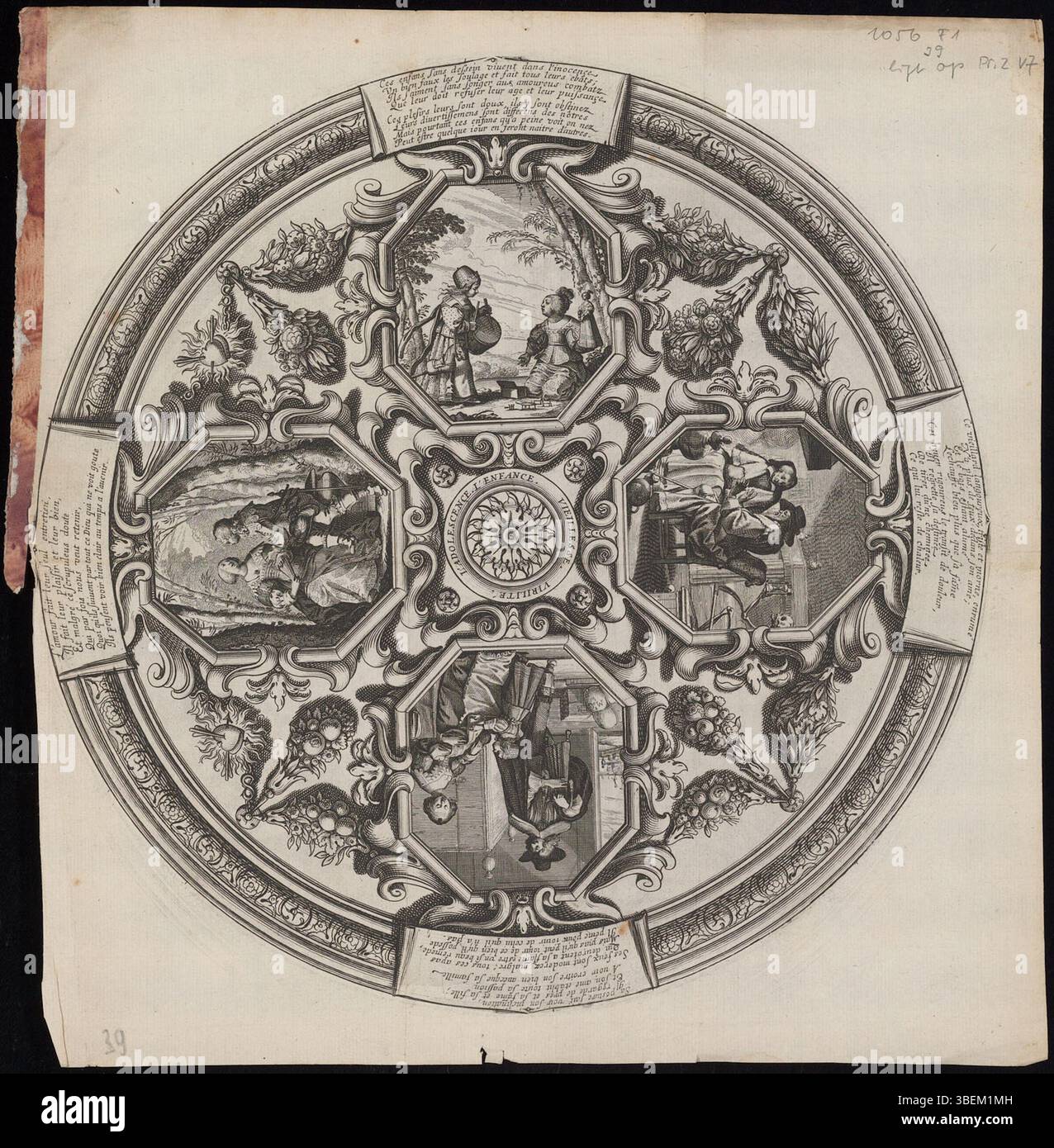 This 17th-century round engraving illustrates four images, each ...